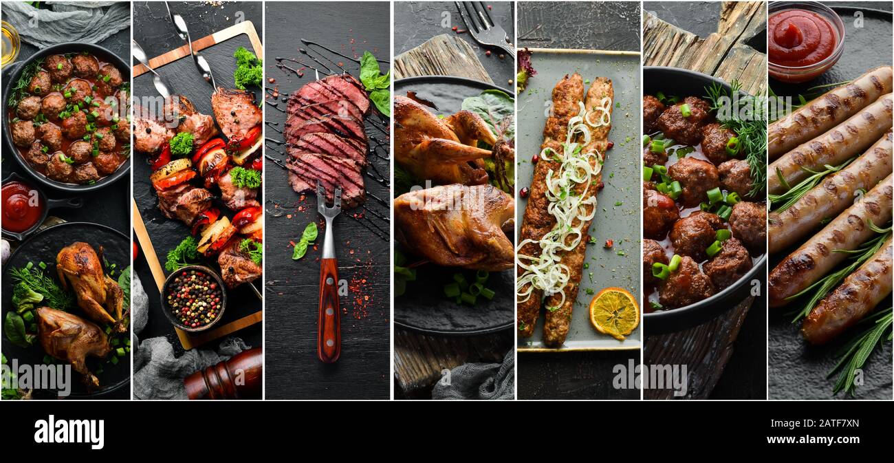 Barbecue, meat dishes: steak, kebab, sausage. Photo collage. Banner ...