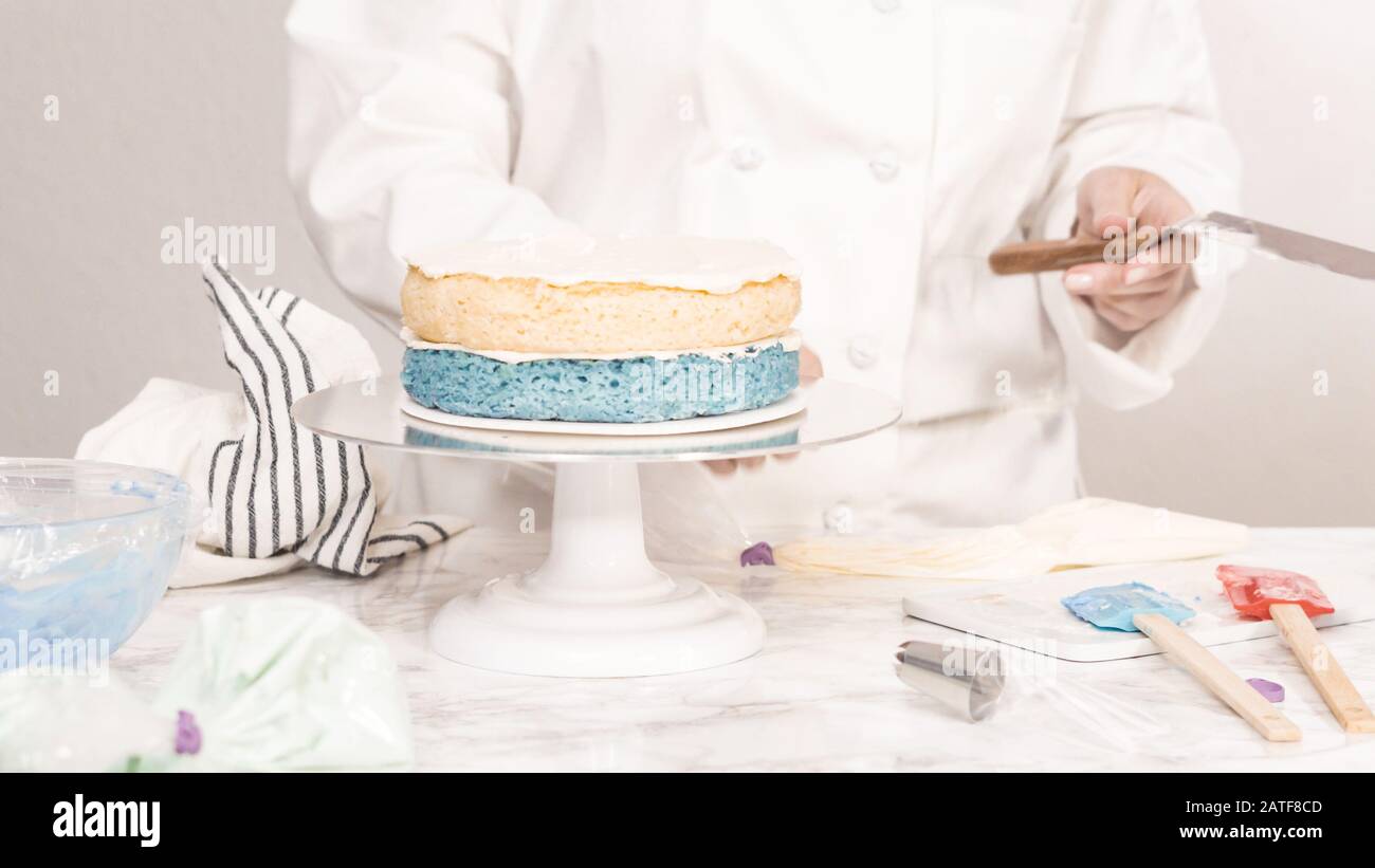 Stacking cake layers to create the round three-layer vanilla cake Stock ...
