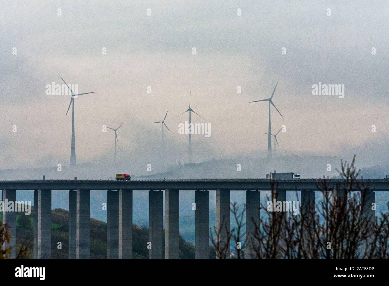 road bridge and wind turbines in the Mosel Valley, Longuich, Rhineland ...