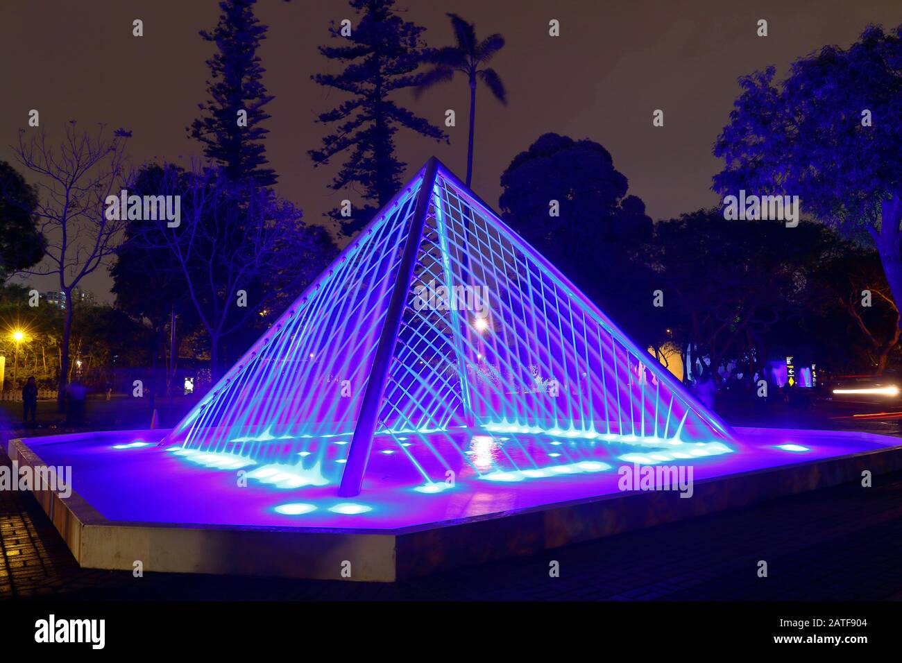 Beautiful view of a colorful water fountain, inside the magical water ...