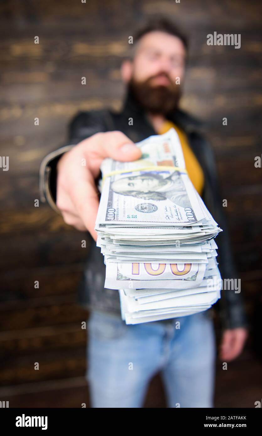 Man give cash money bribe. Richness and wellbeing. Mafia business. Man ...