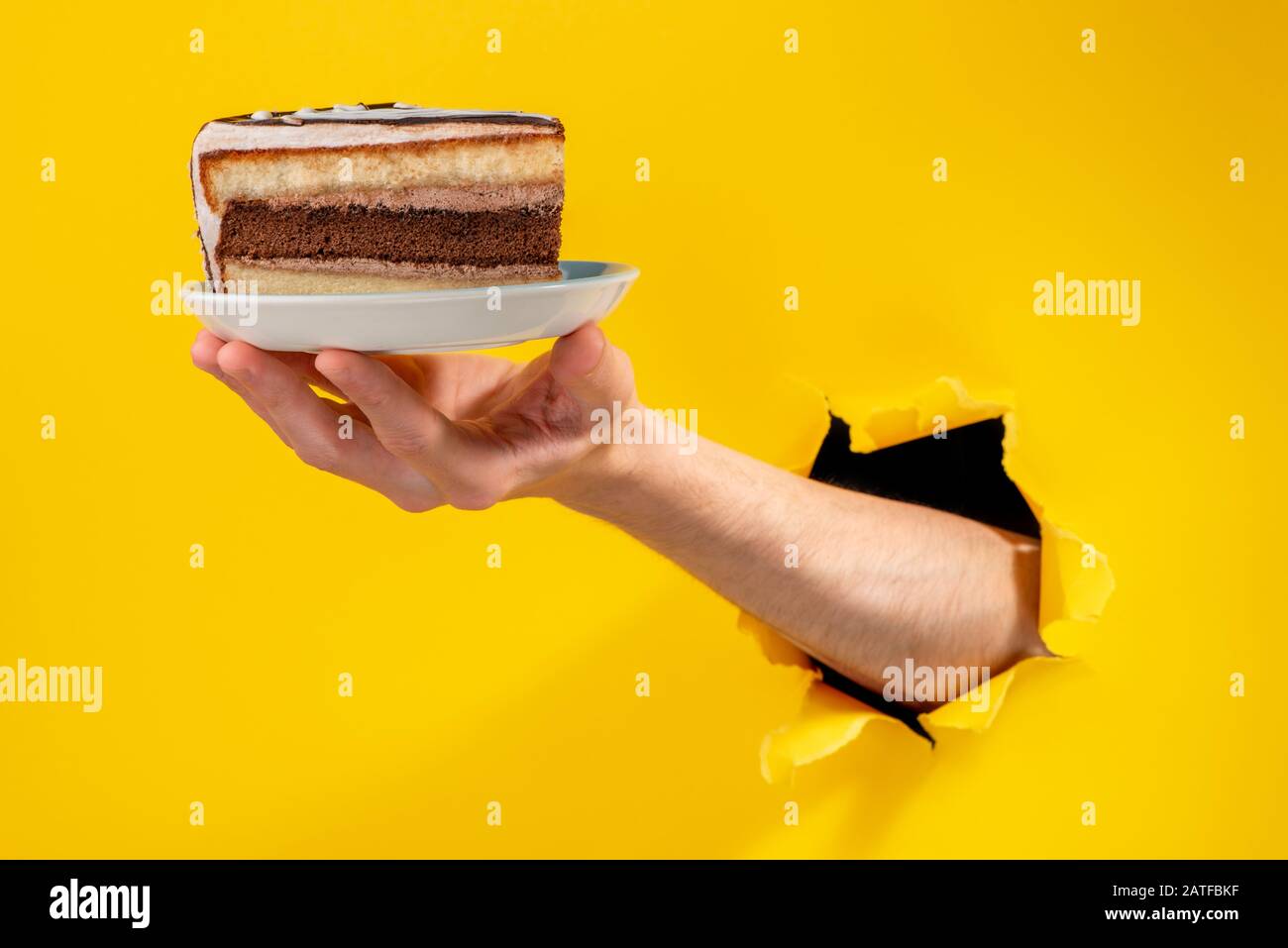 Hand holding a piece of cake on a plate Stock Photo - Alamy