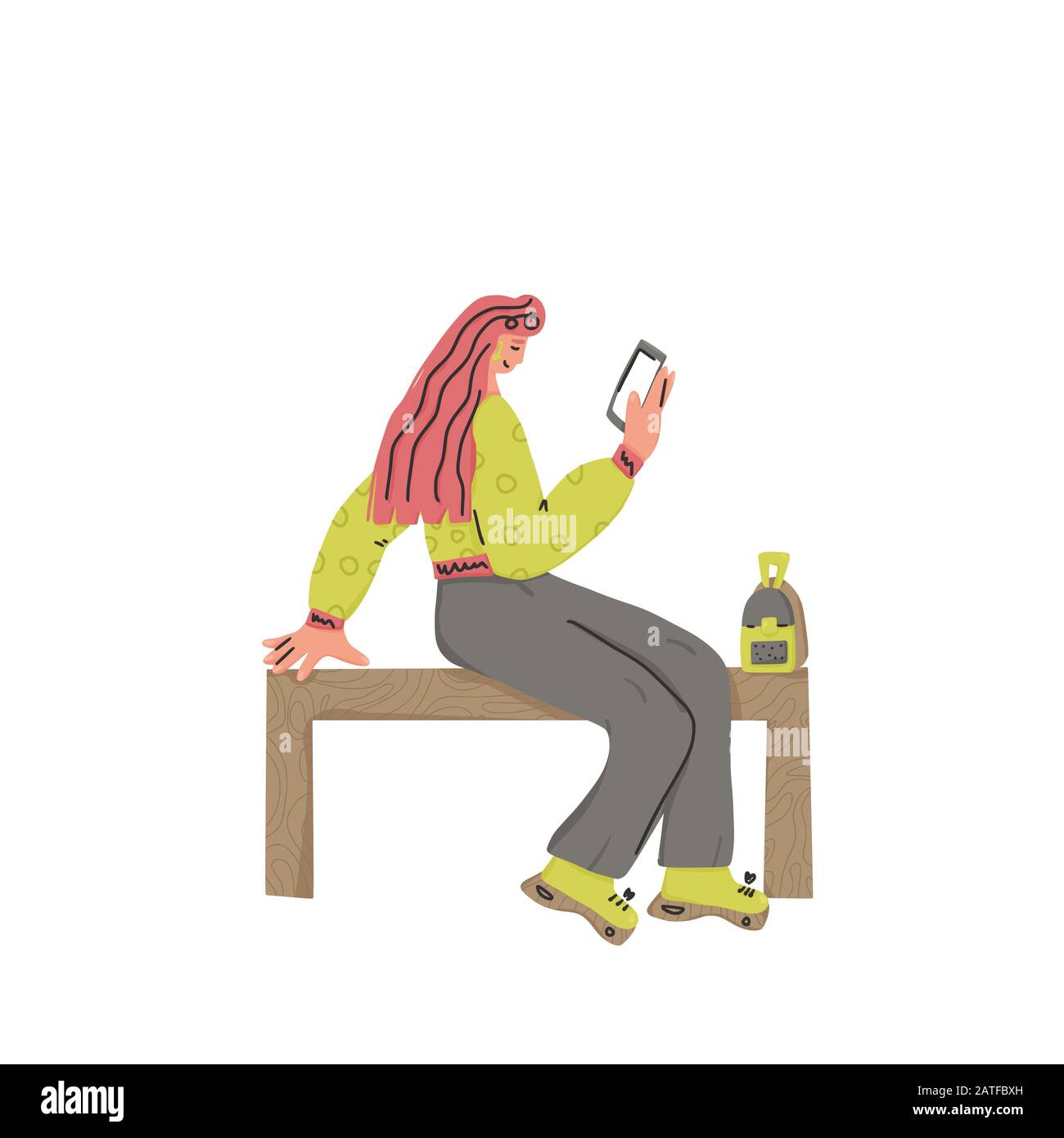 Smiling girl sitting with her phone. Cute woman holding smartphone ...