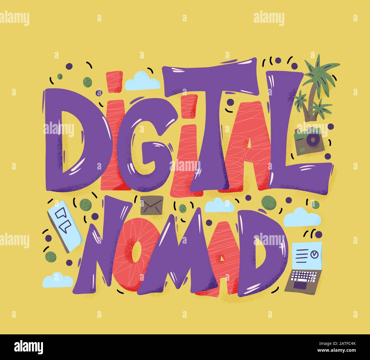 Digital nomad text emblem with decor. Feelance. Vector illustration ...