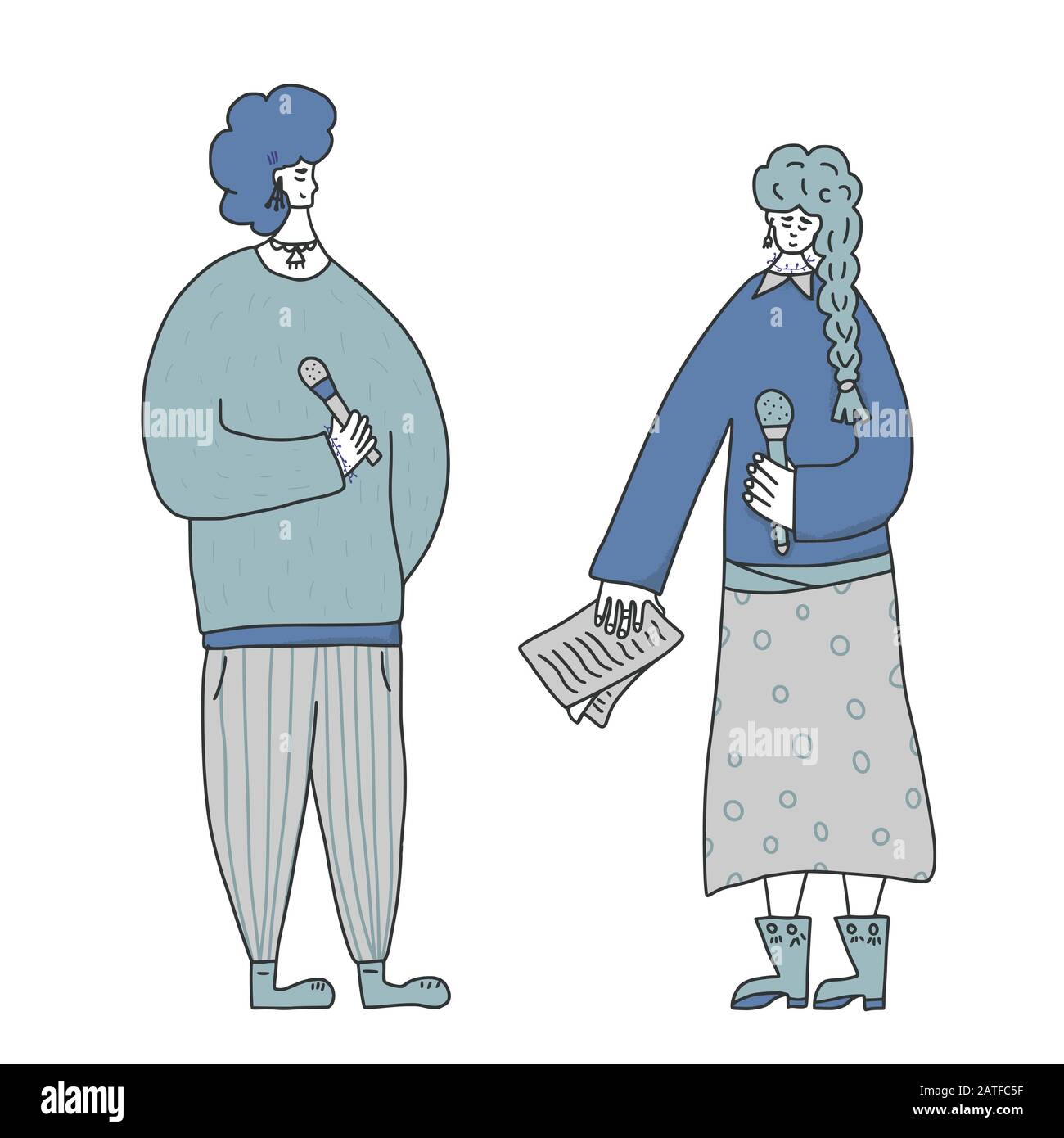 Two standup show characters. Women standing with microphone. Orator ...