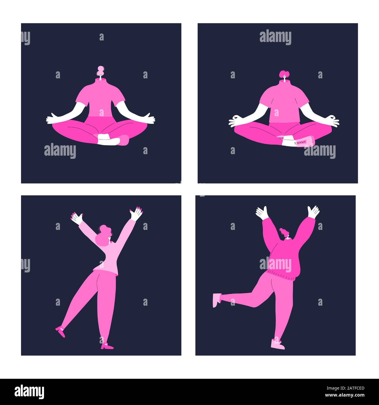 Happy and well-balanced people card set. Cute characters siting in ...