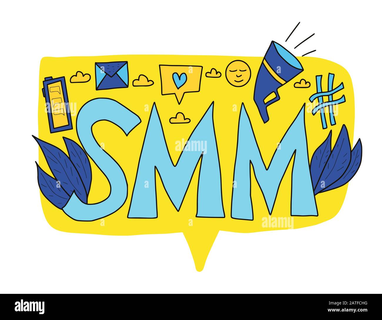 SMM text isolated on white background. Hand drawn social media ...