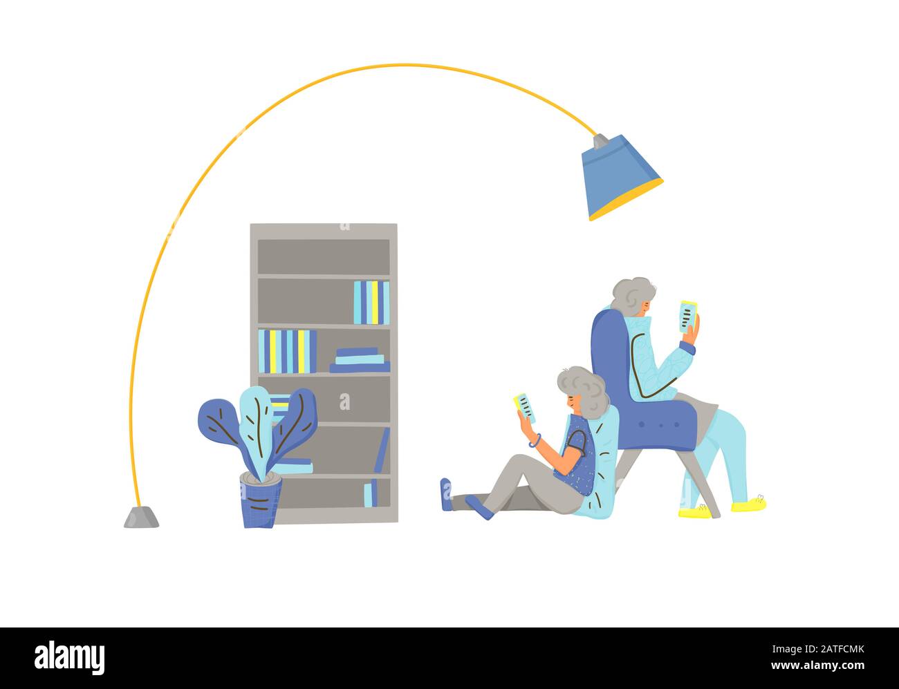 Two characters reading an electronic books. Female and male persons ...