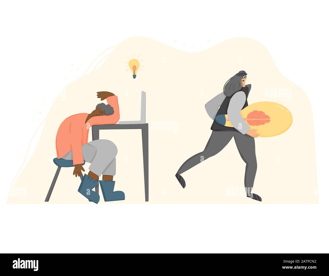 Plagiarism concept. Tired young man creating an idea and pirate ...