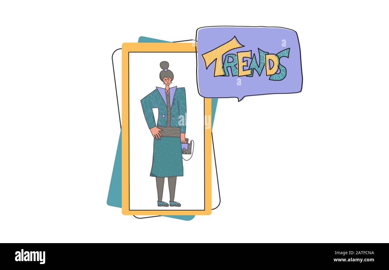 Trend emblem. Hand drawn lettering with female character. Vector ...