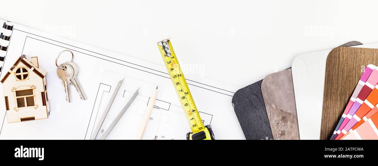 Creative flat lay overhead top view blueprint flat project plan and ...