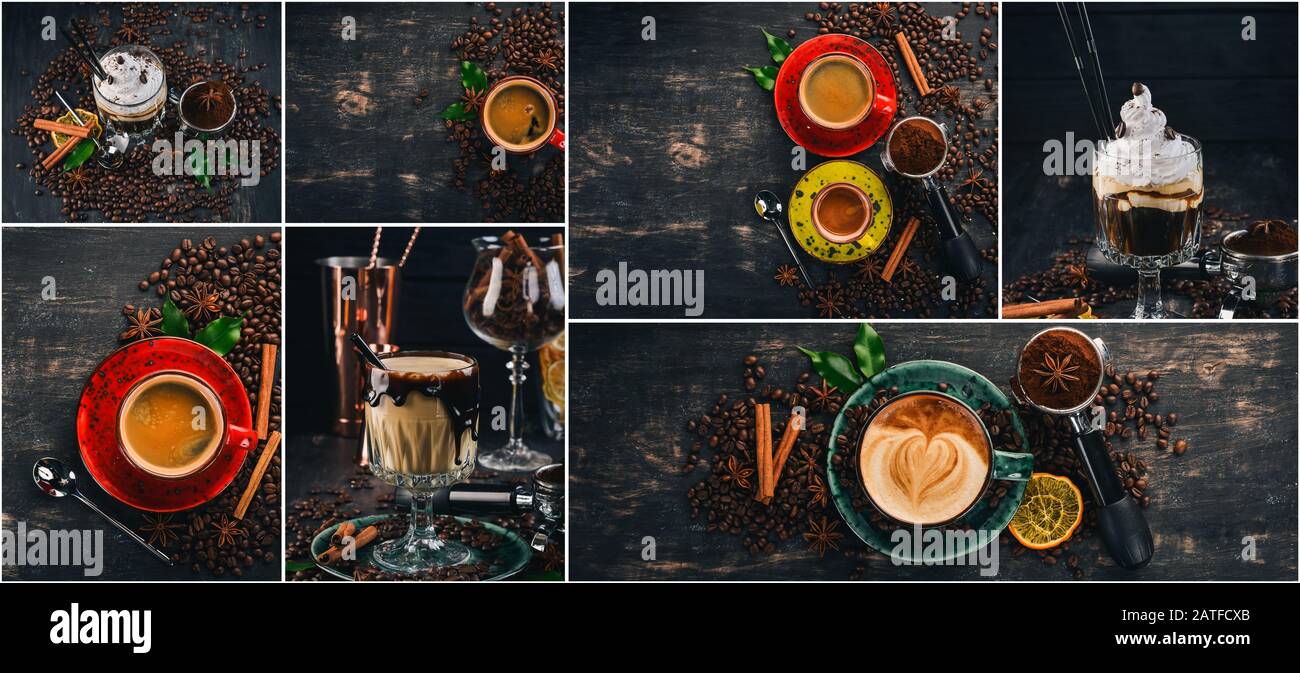 Photo collage Coffee and hot drinks. Top view Stock Photo - Alamy