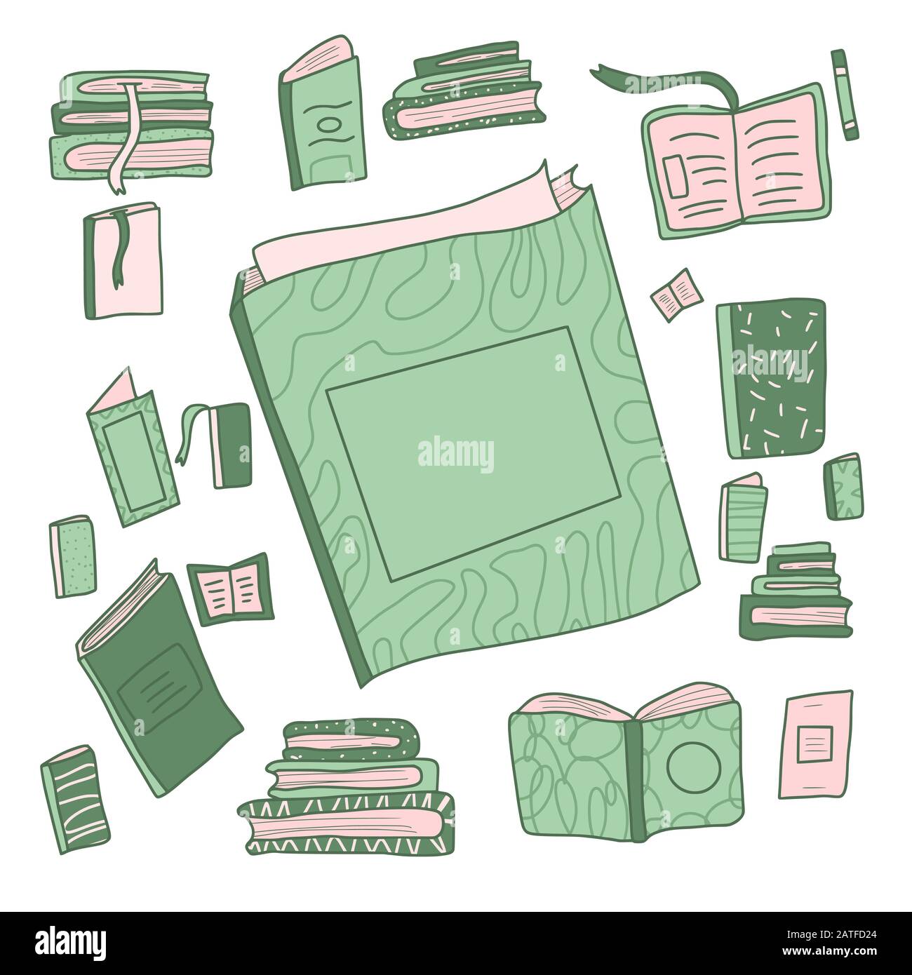 Book set in doodle style. Circle composition with symbols of reading ...