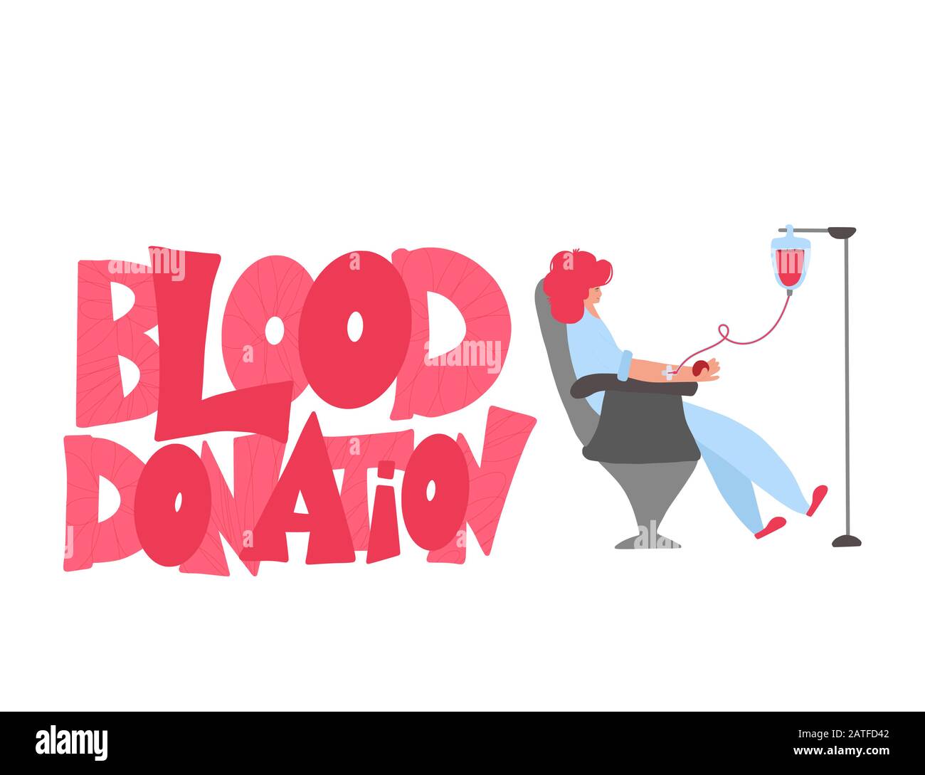 Blood donation emblem. Young adult character sitting in a chair at the ...