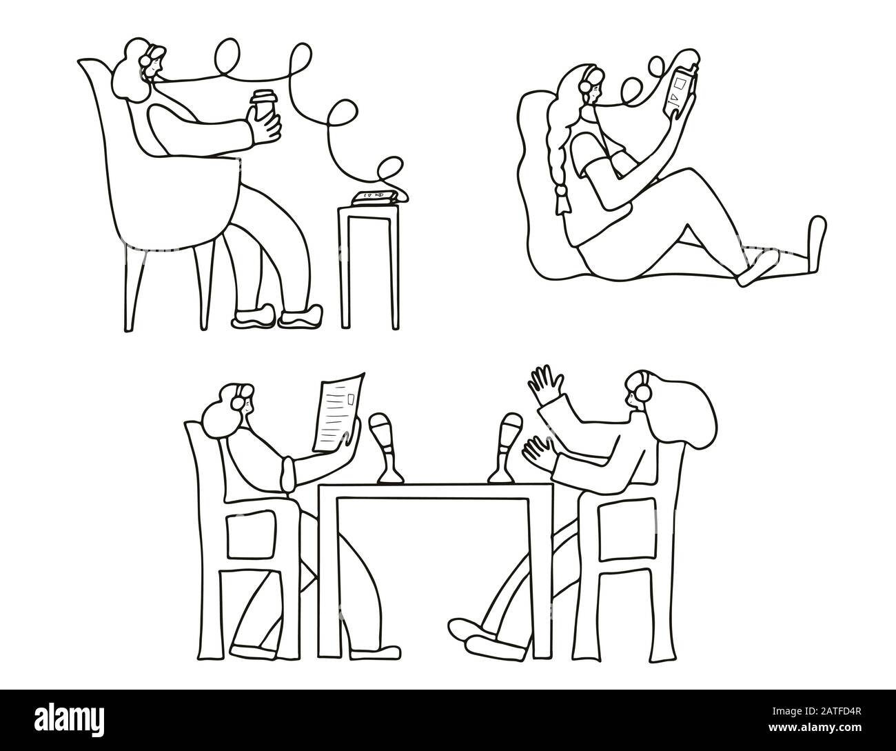 Podcasting scenes. Cute female characters sitting in comfy chairs and ...