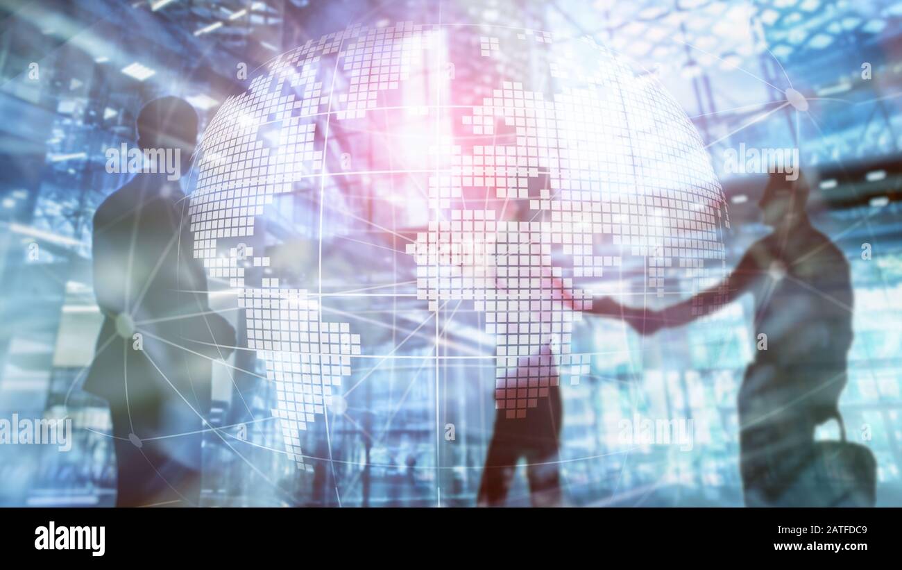3D Earth hologram on blurred background.Global business and ...