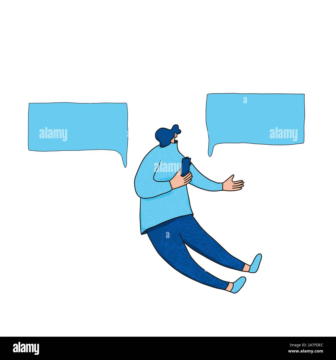 Cute character using his phone for texting a message. Young person ...