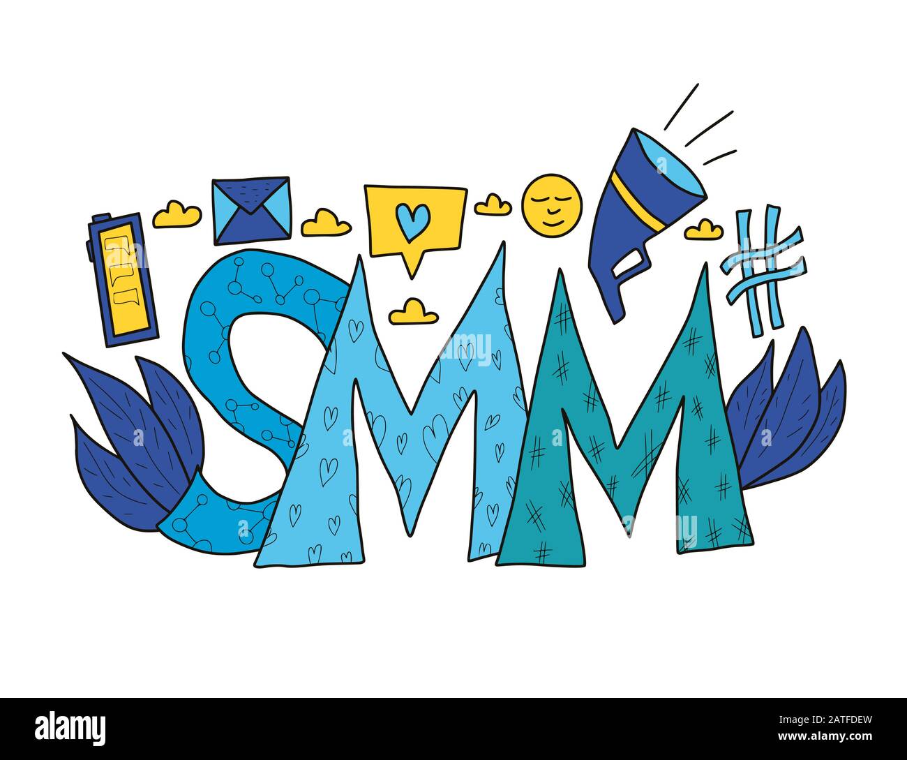 SMM text isolated on white background. Hand drawn social media ...