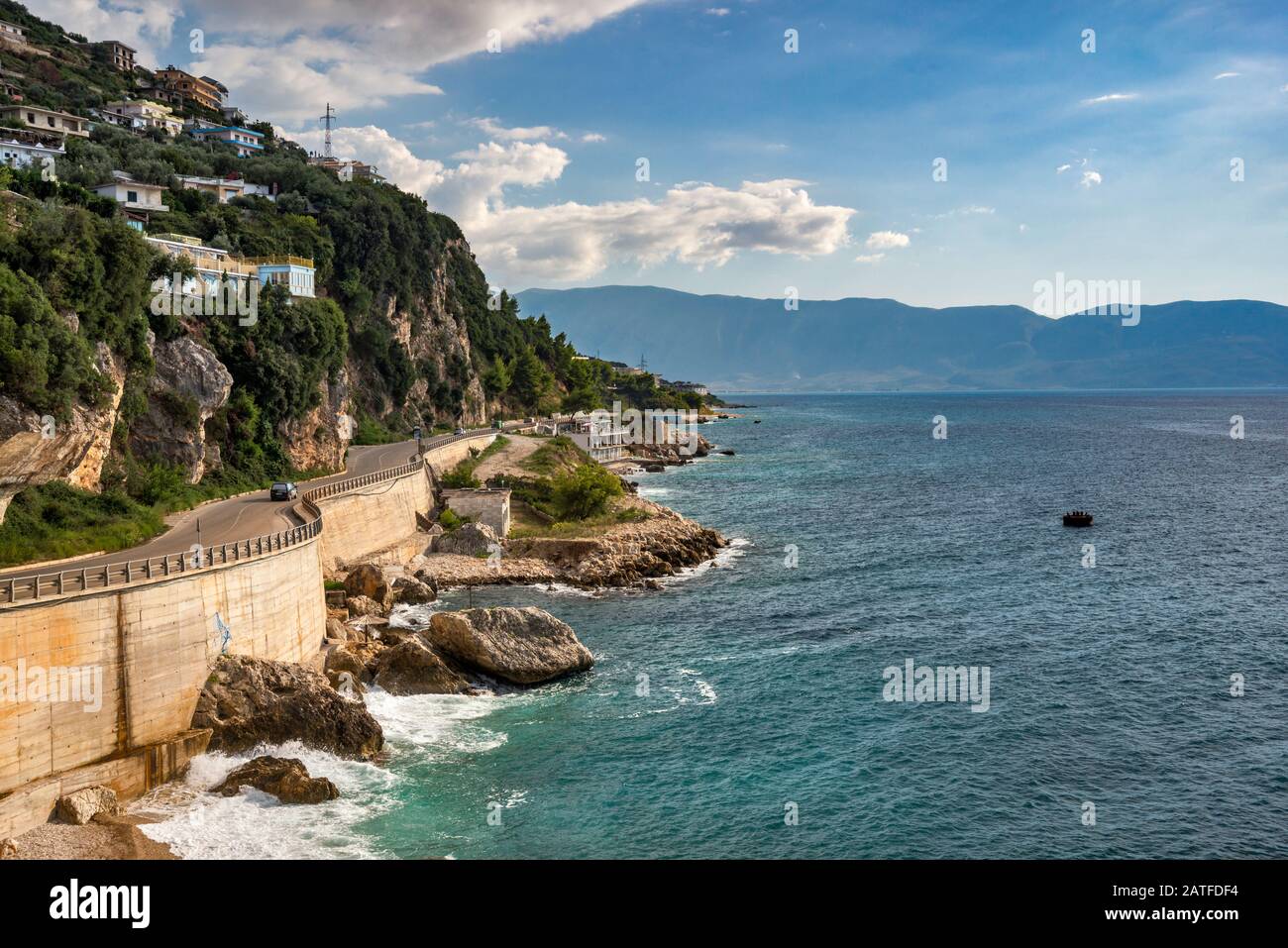 Road SH8 over Bay of Vlora shoreline, Adriatic Sea, Karaburun Peninsula ...