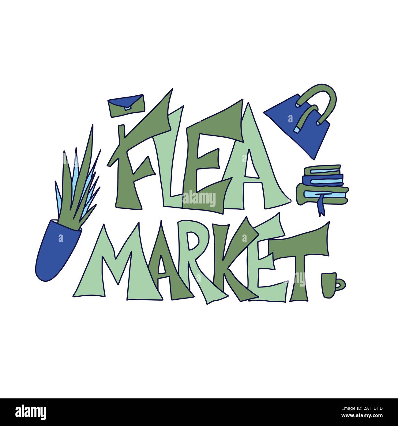 Flea market emblem. Stylized text and hand drawn decoration. Vector ...