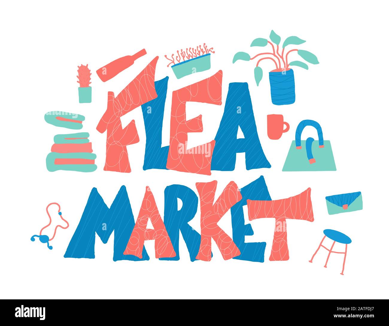 Flea market emblem. Stylized text and hand drawn decoration. Vector ...