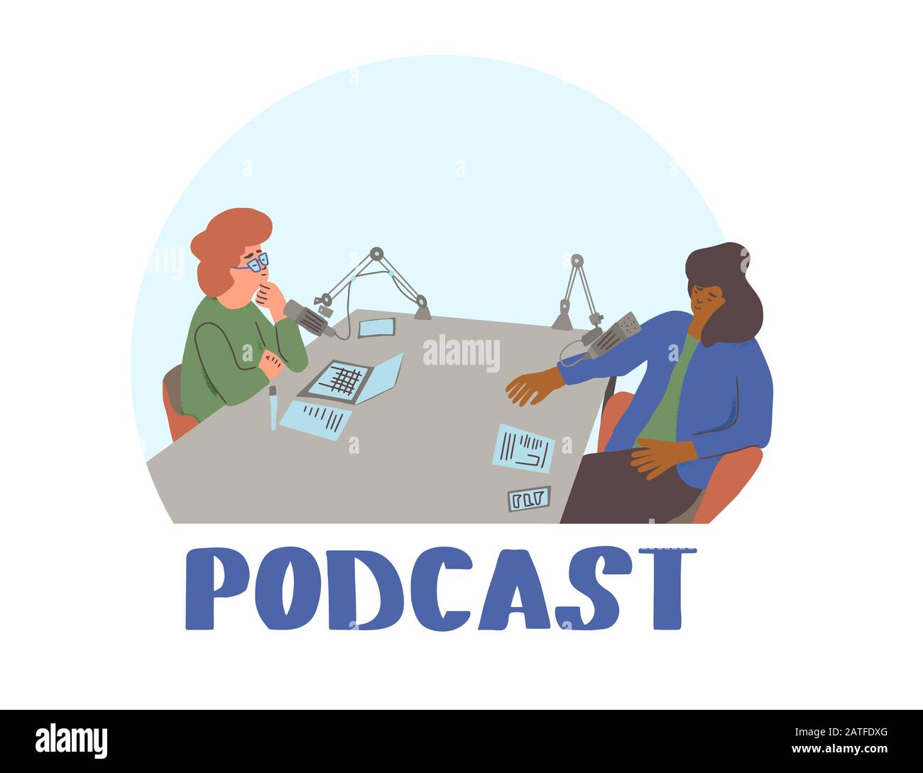 Podcast concept. Young women have a conversation in a studio. Vector ...