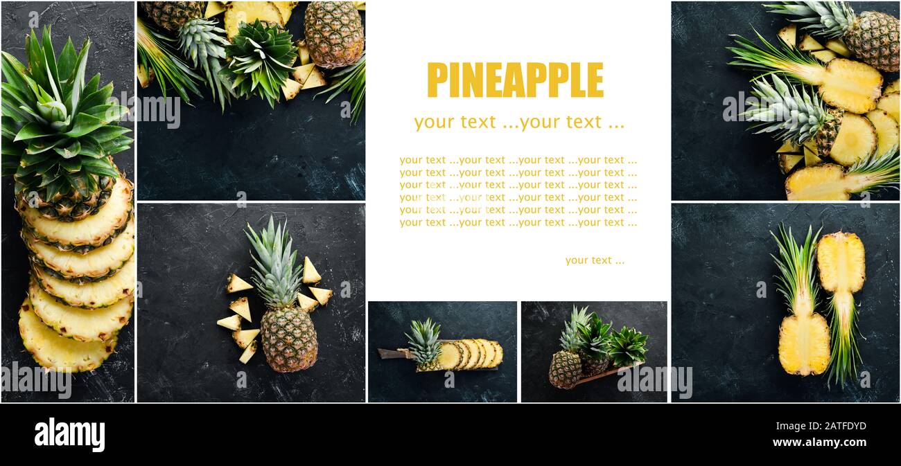 Photo collage Pineapple. Tropical Fruits. On a black background Stock ...