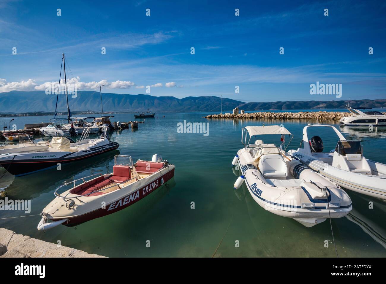 Boats at marina, Bay of Vlora, Adriatic Sea, Karaburun Peninsula massif ...