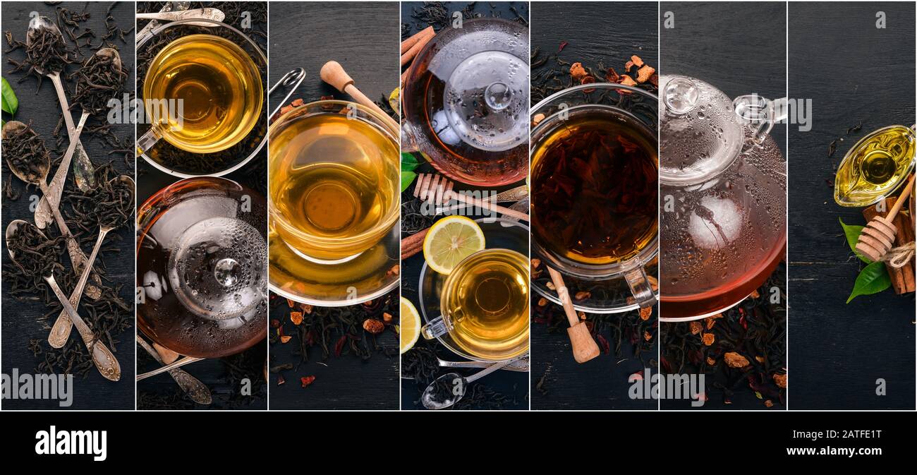 Photo collage Tea and tea leaves. Top view Stock Photo - Alamy