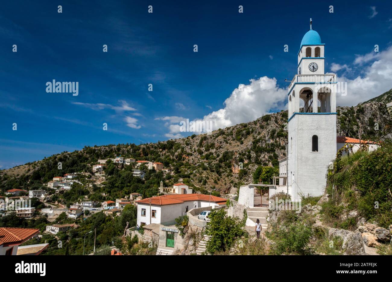 Church tower over village of Dhermi (Dhermiu), Cikes massif, Albanian ...