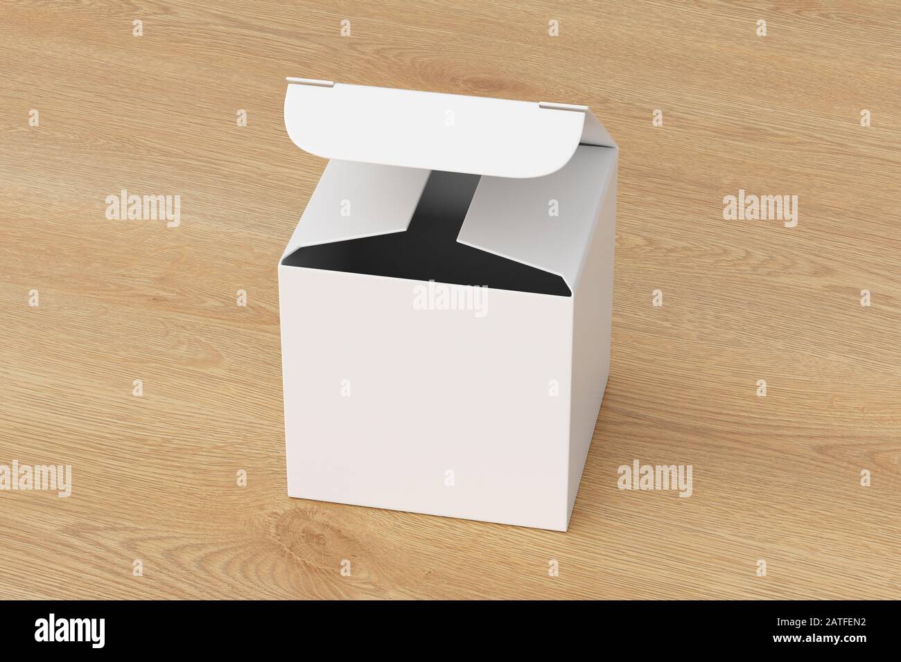 Blank white cube gift box with opened hinged flap lid on wooden ...