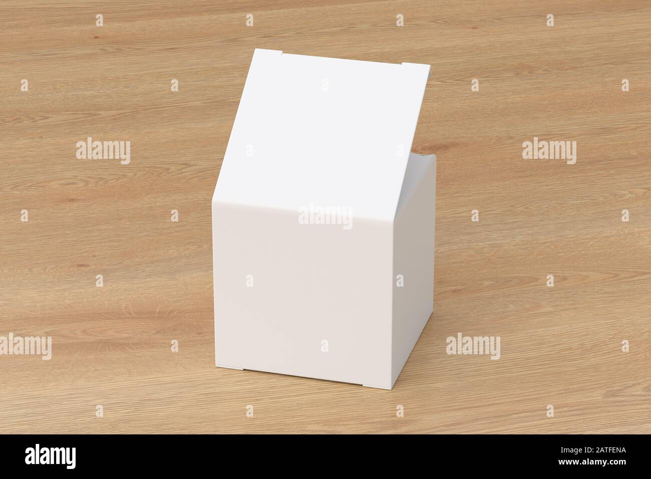 Blank white cube gift box with opened hinged flap lid on wooden ...