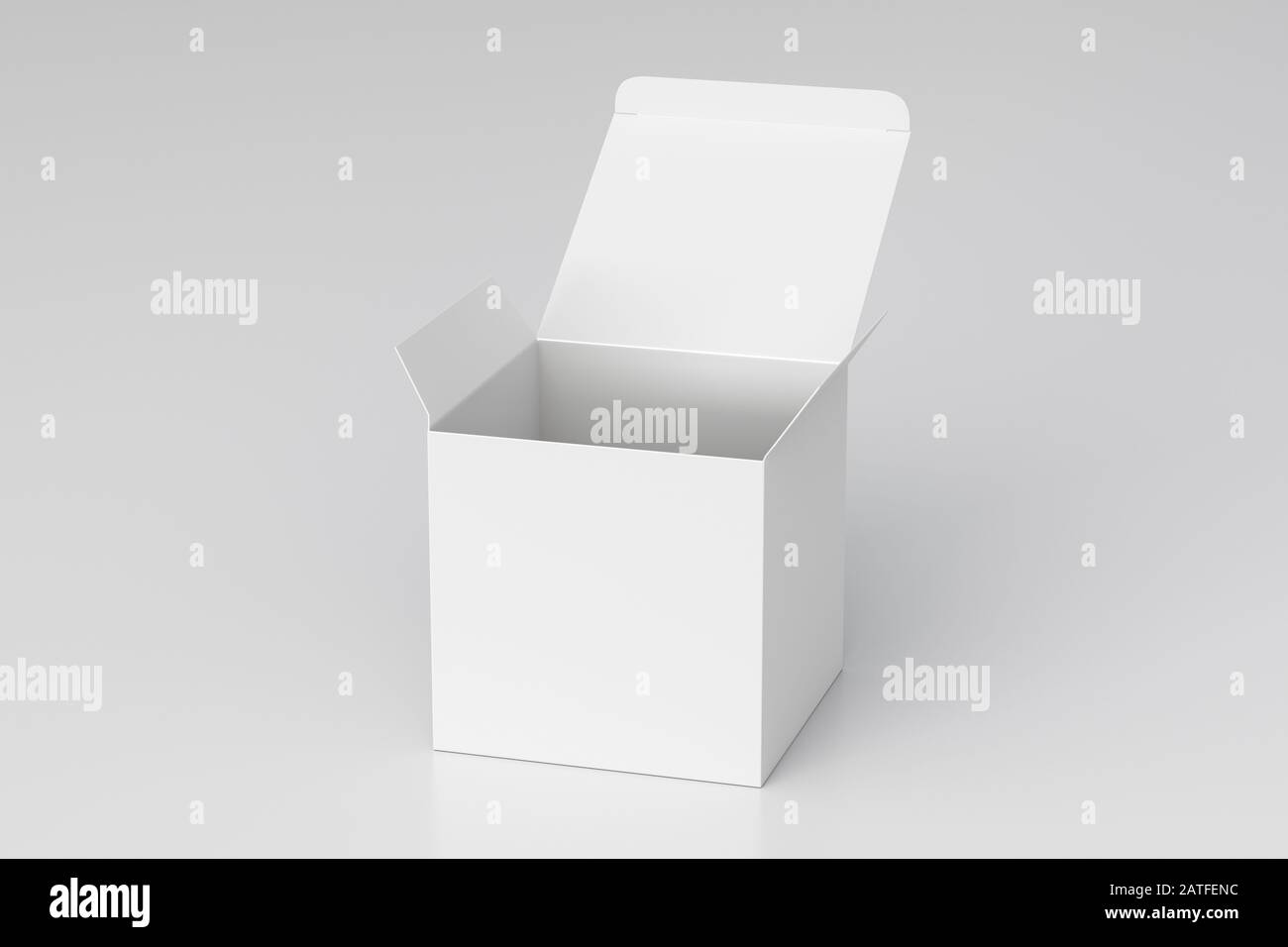 Blank white cube gift box with opened hinged flap lid on white ...