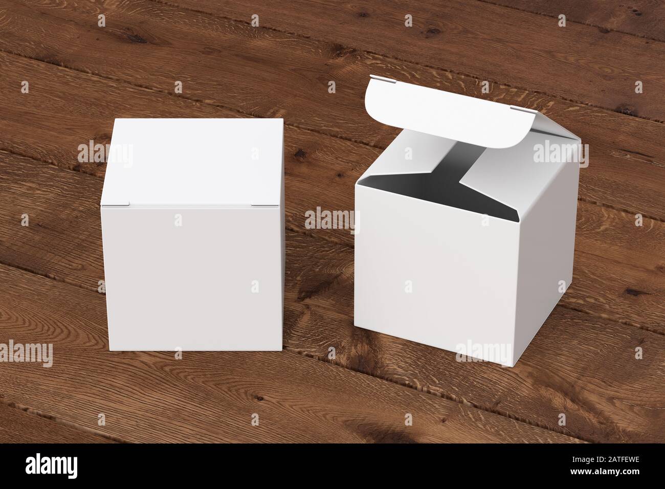 Blank white cube gift box with open and closed hinged flap lid on dark ...