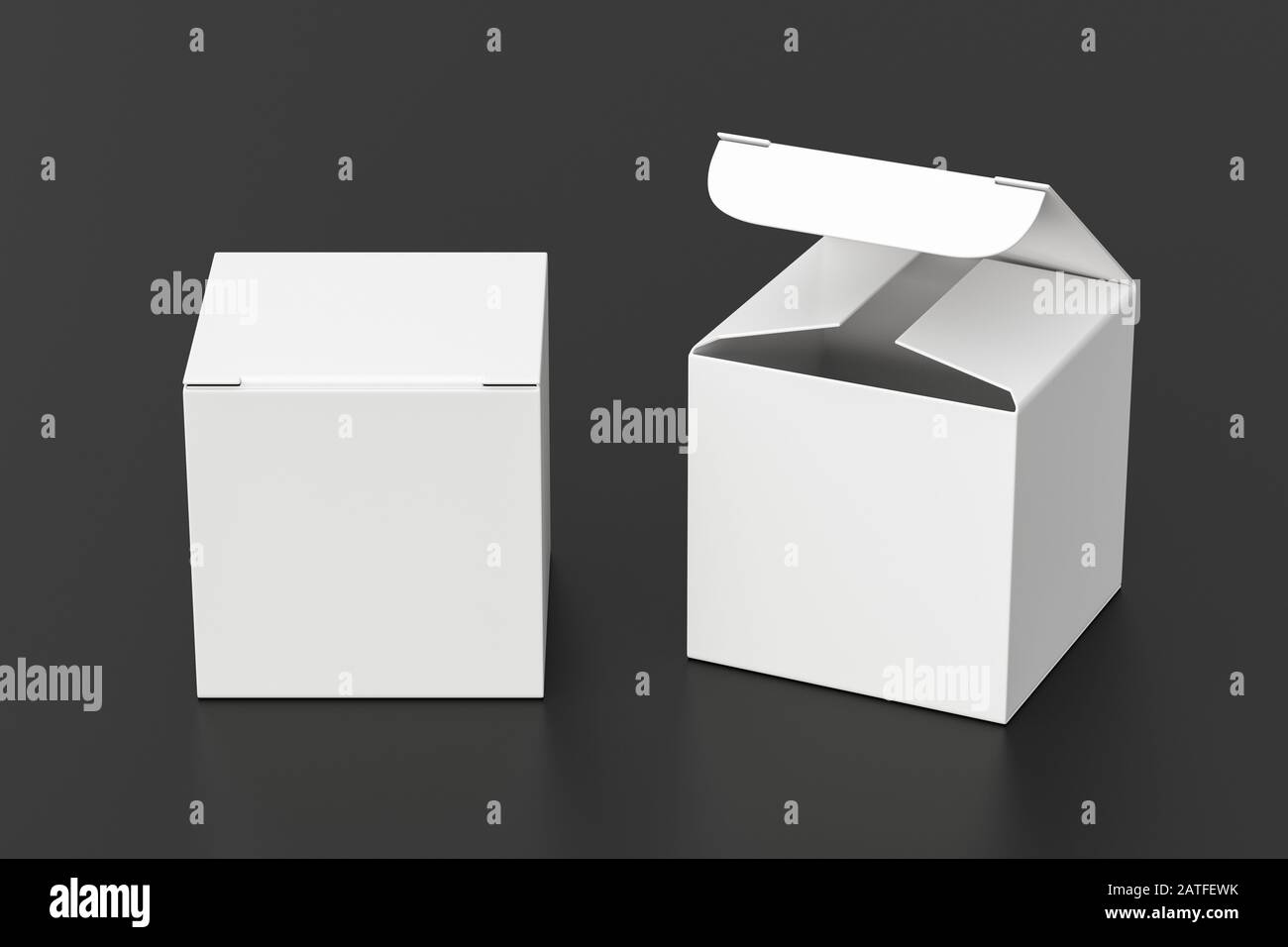 Blank white cube gift box with open and closed hinged flap lid on black ...