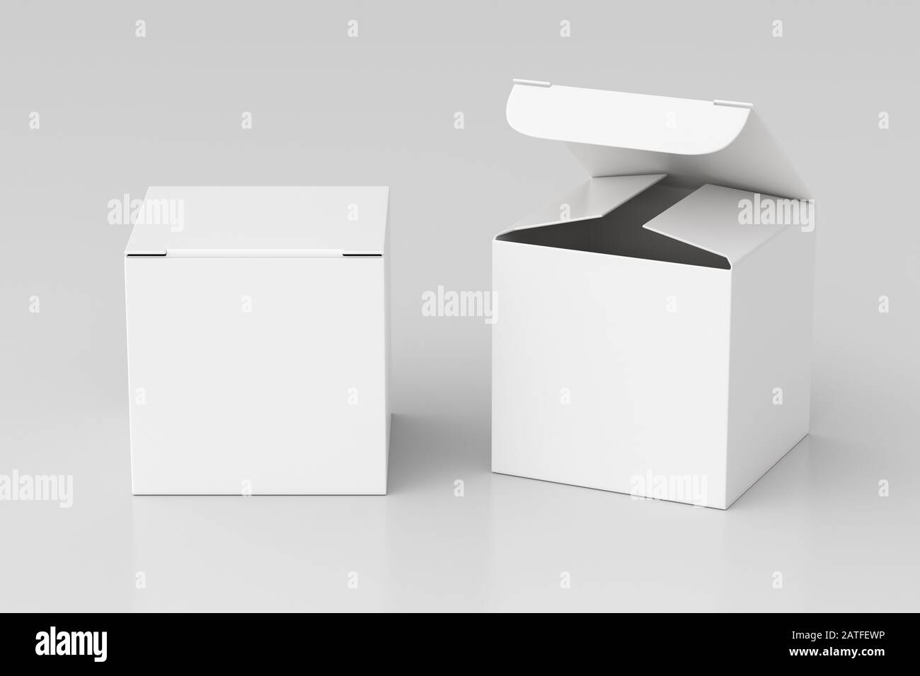 Blank white cube gift box with open and closed hinged flap lid on white ...