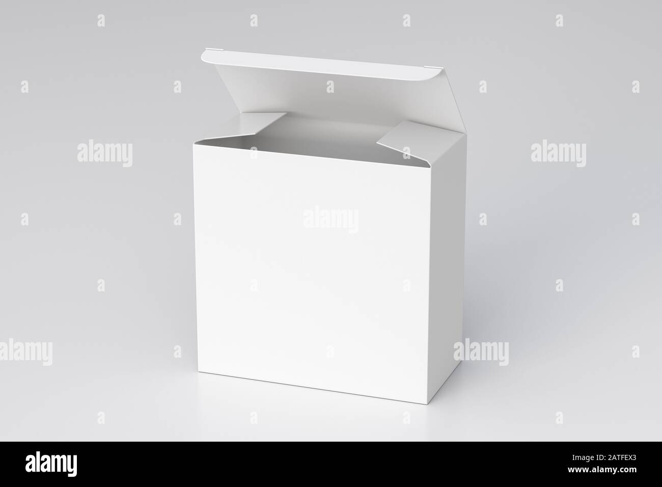 Blank white wide square box with opened hinged flap lid on white ...