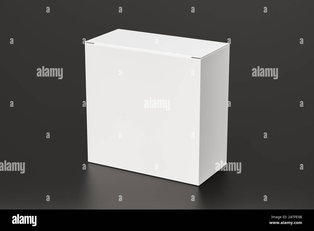 Blank white wide square box with closed hinged flap lid on black ...