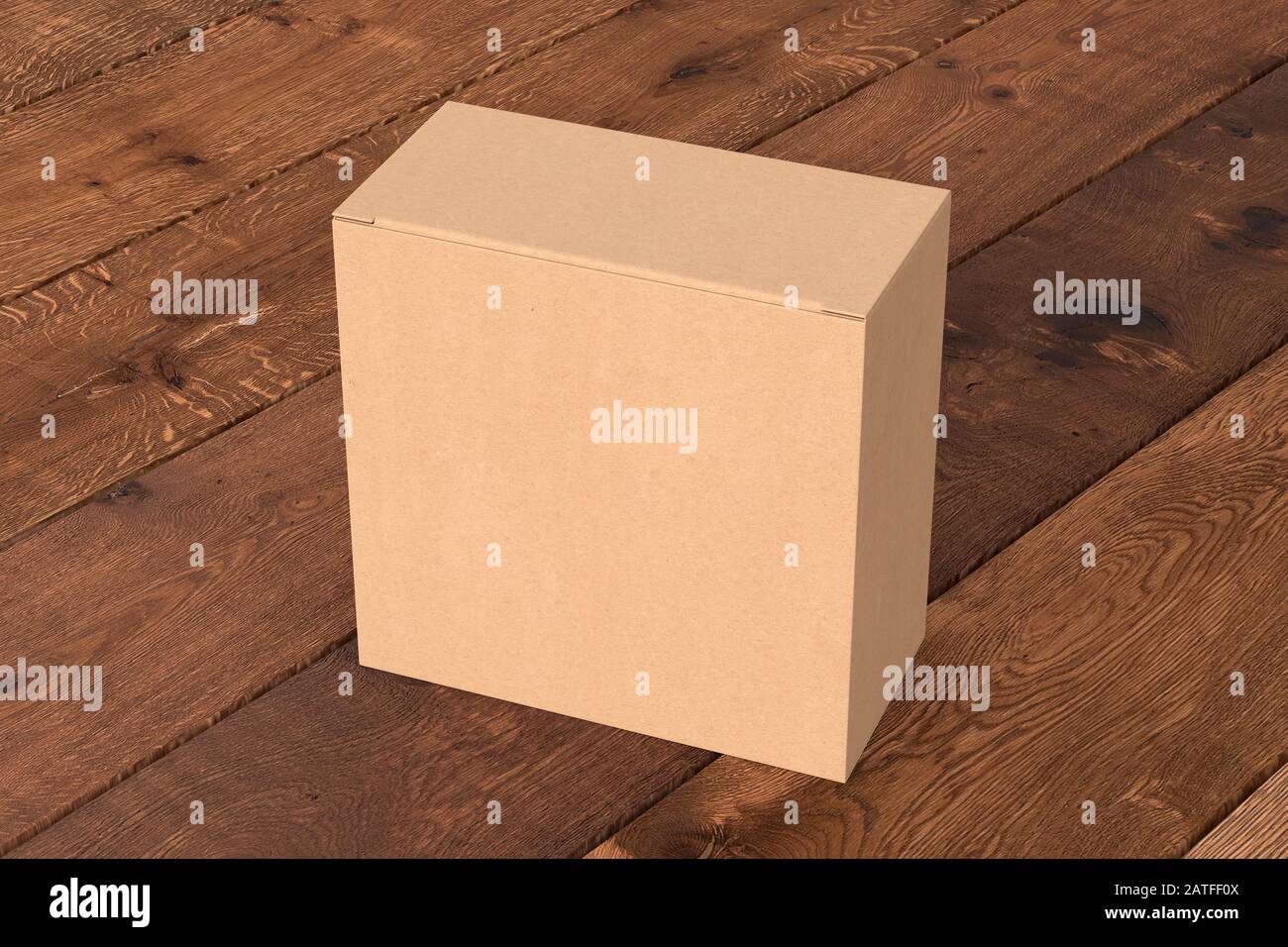 Blank cardboard wide square box with closed hinged flap lid on dark ...