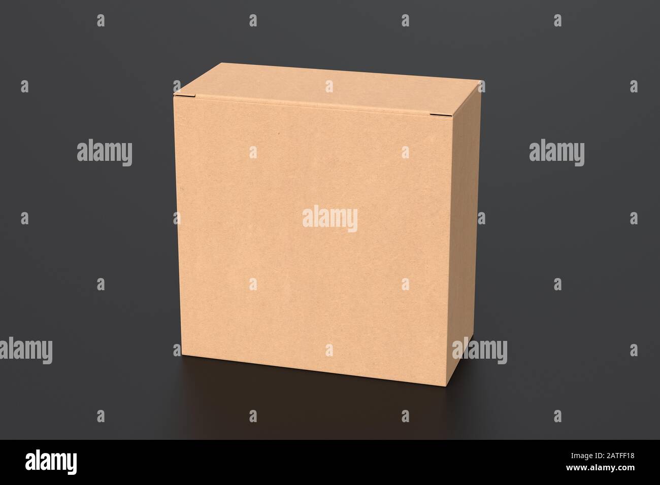 Blank cardboard wide square box with closed hinged flap lid on black ...
