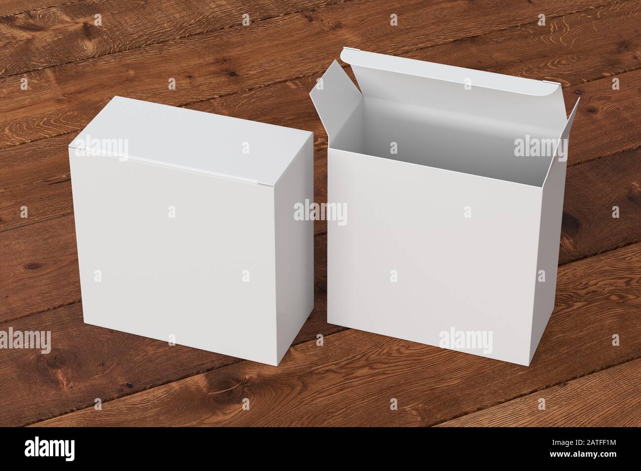 Blank white wide square box with open and closed hinged flap lid on ...