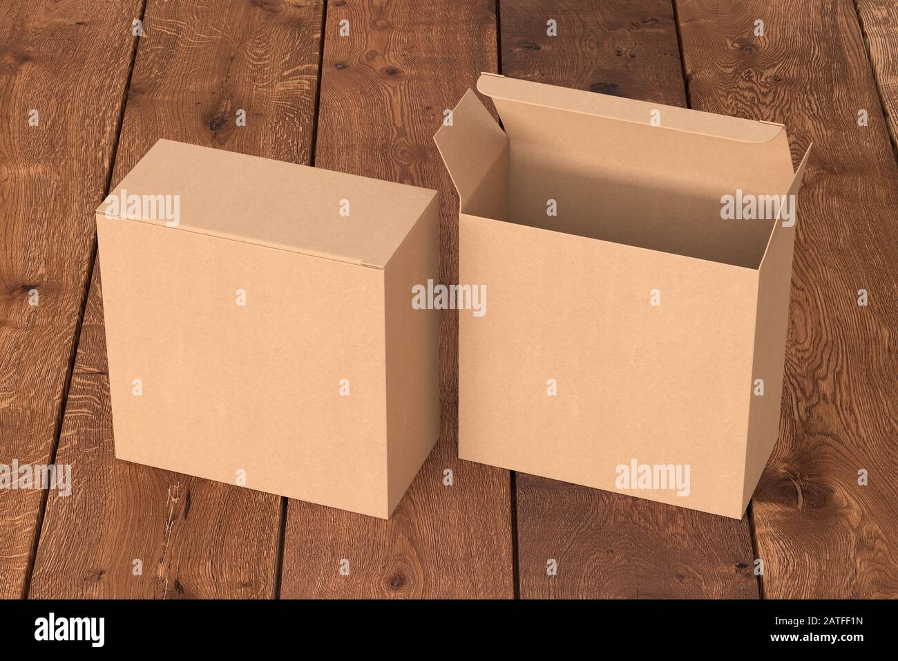 Blank cardboard wide square box with open and closed hinged flap lid on ...