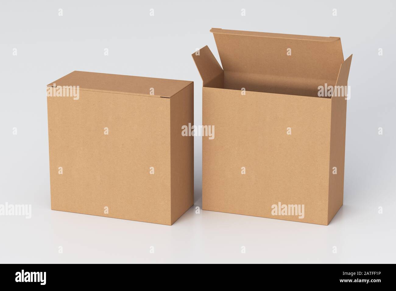 Blank cardboard wide square box with open and closed hinged flap lid on ...