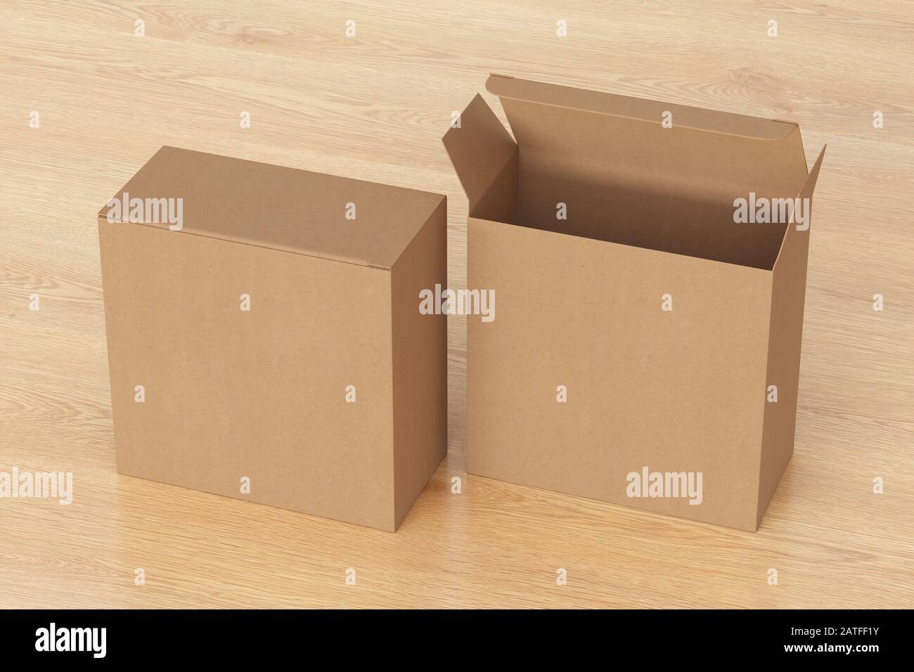 Blank cardboard wide square box with open and closed hinged flap lid on ...