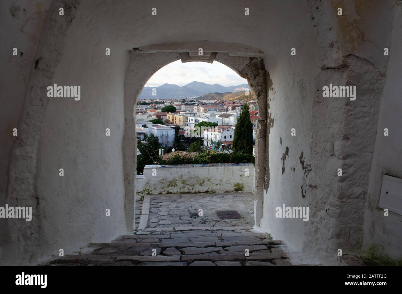 Medieval Italian town winding street stone buildings hillside Stock ...
