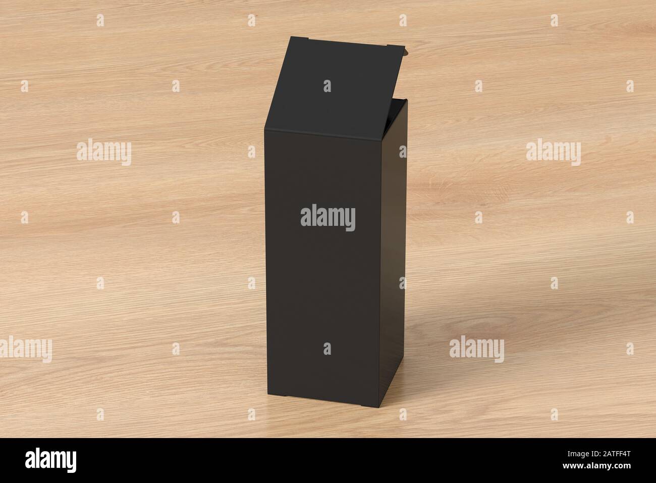 Blank black tall and slim gift box with opened hinged flap lid on ...