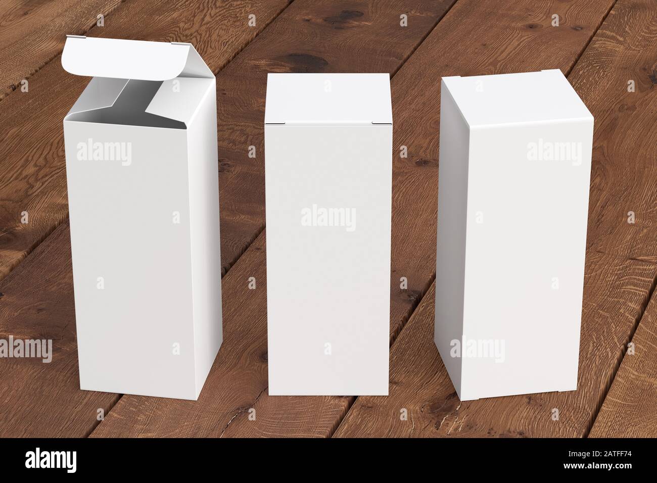 Blank white tall and slim gift box with open and closed hinged flap lid ...