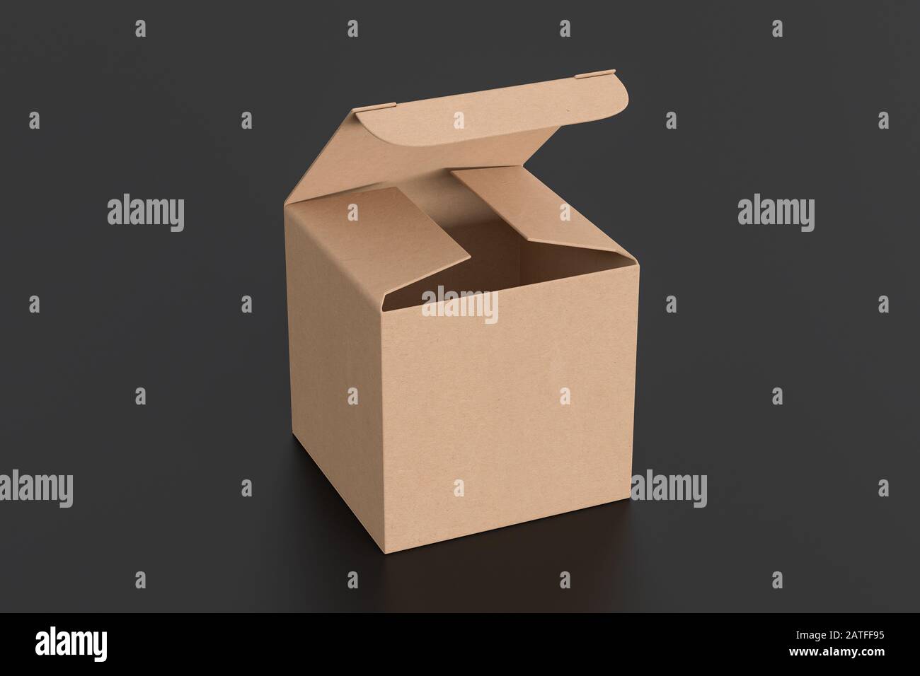 Blank cardboard cube gift box with opened hinged flap lid on black ...