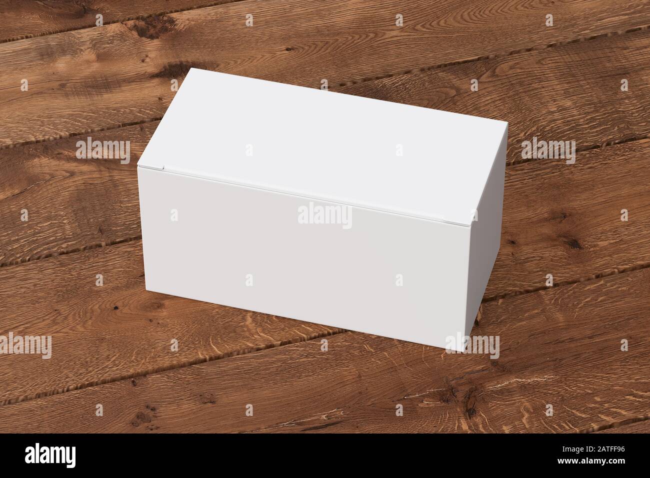Blank white wide box with closed hinged flap lid on dark wooden ...