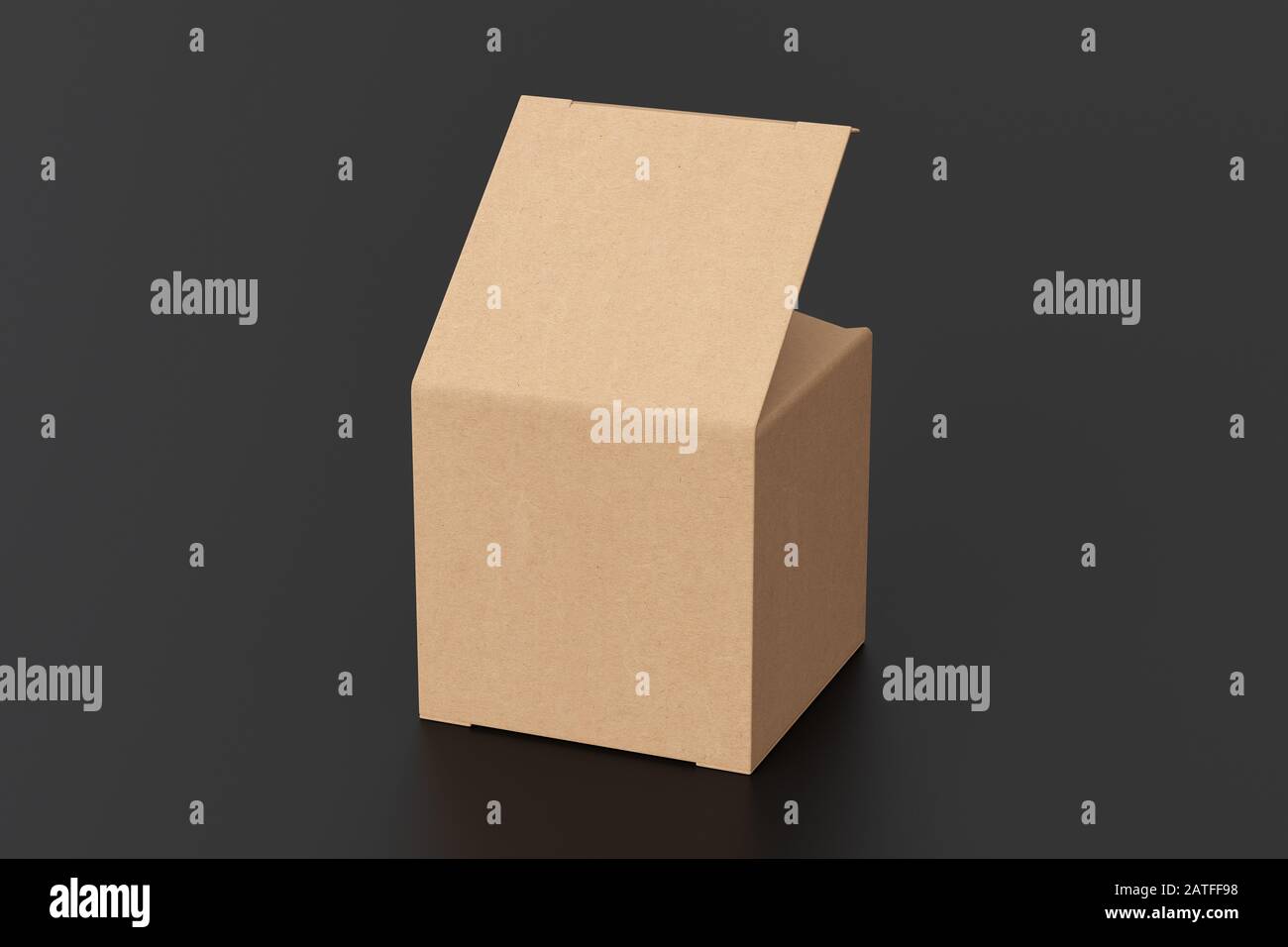 Blank cardboard cube gift box with opened hinged flap lid on black ...